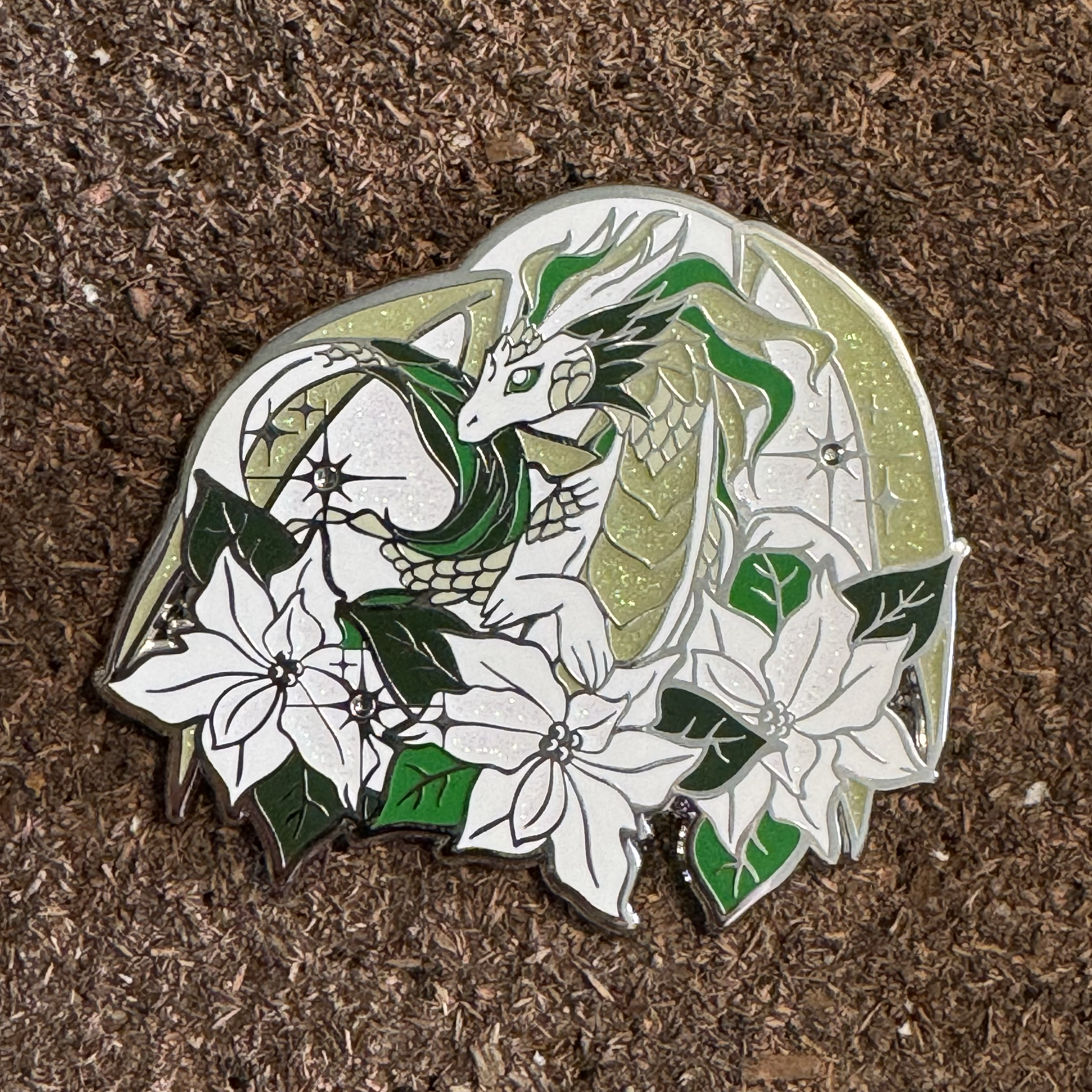Poinsettia Dragon (white) - Patreon Pin Dec '24 - Studio Min Bin Bin
